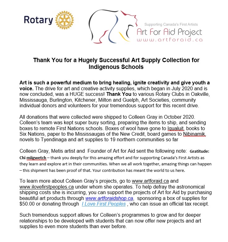 THANK YOU FROM ART FOR AID | Rotary Club of Oakville Trafalgar