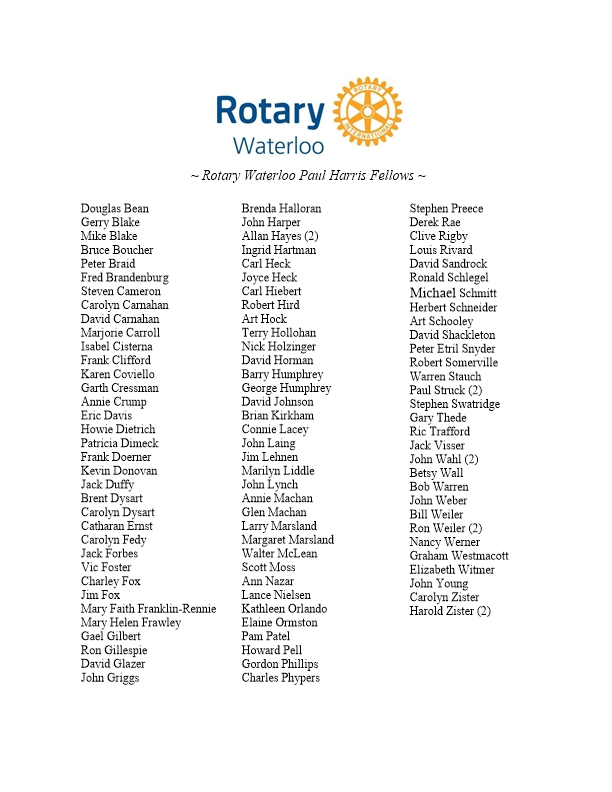 Rotary Waterloo Paul Harris Fellows | Rotary Club of Waterloo
