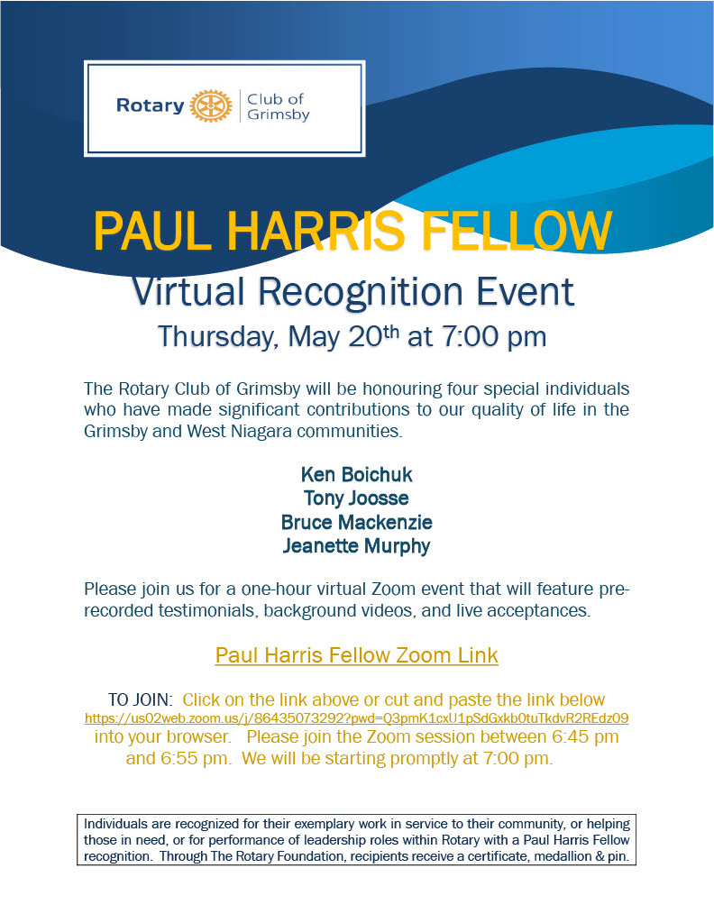 Paul Harris Fellow Recognition - May 20 | Grimsby