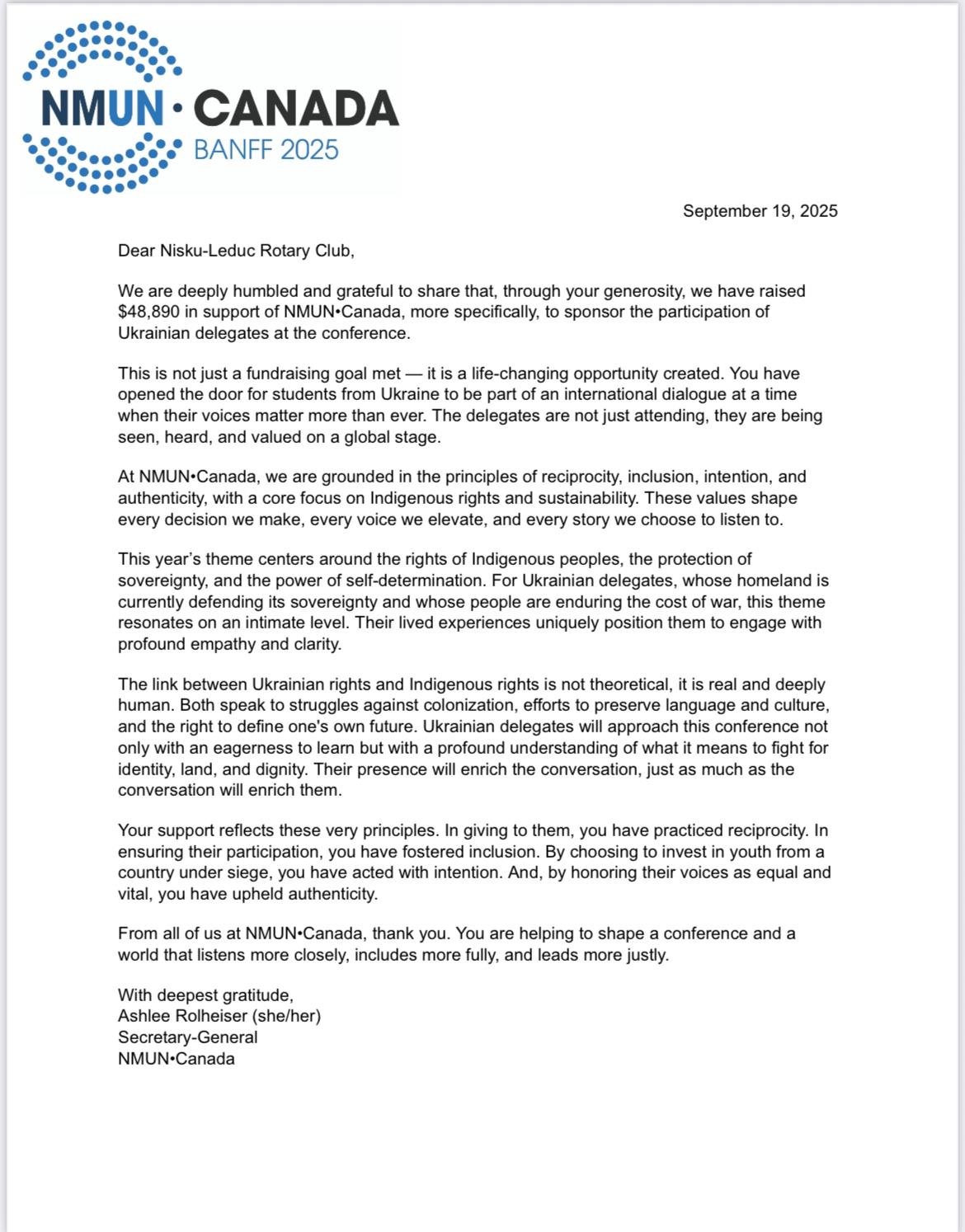 Thank You Letter from NMUM Canada | Rotary Club of Nisku-Leduc
