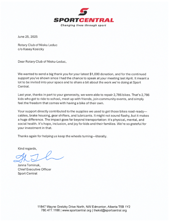 Thank-You Letters | Rotary Club of Nisku-Leduc