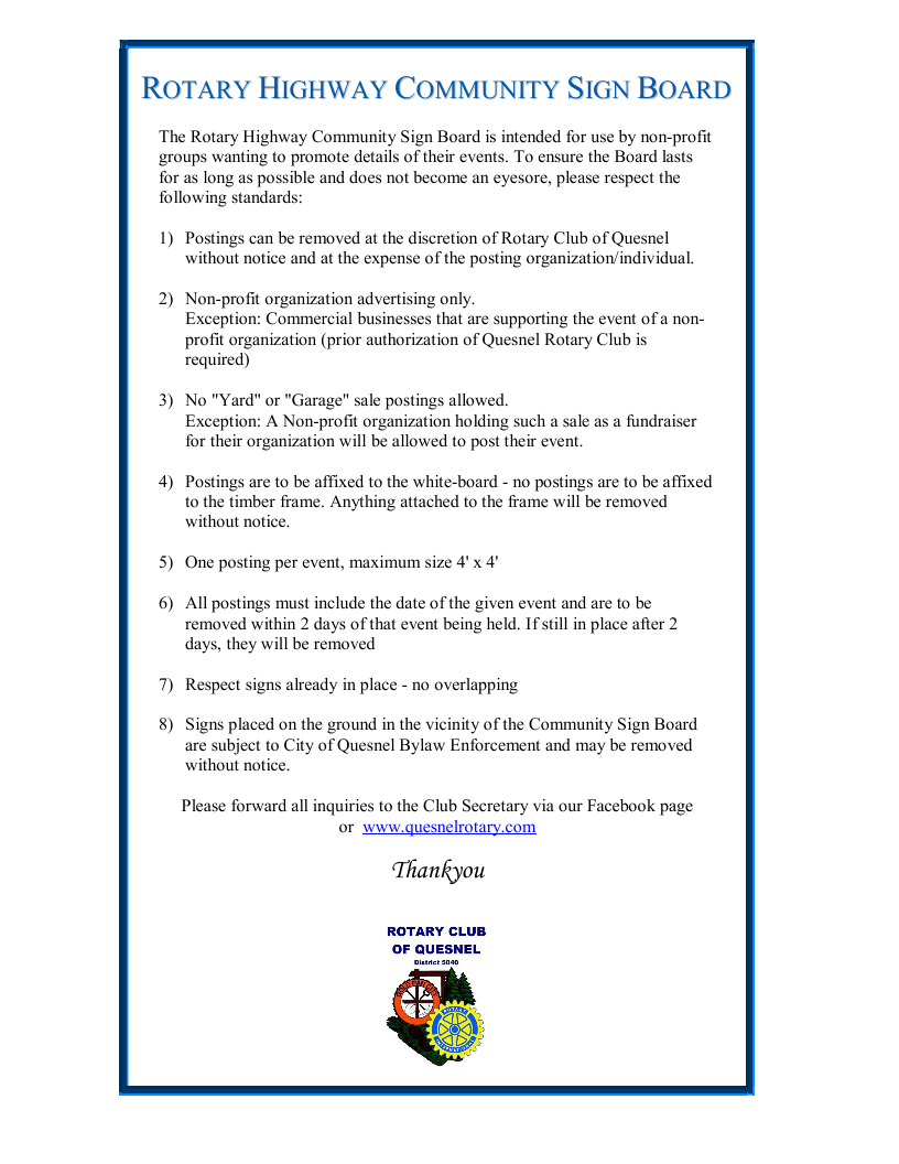 Using the Rotary Highway Community Sign Board | Rotary Club of Quesnel