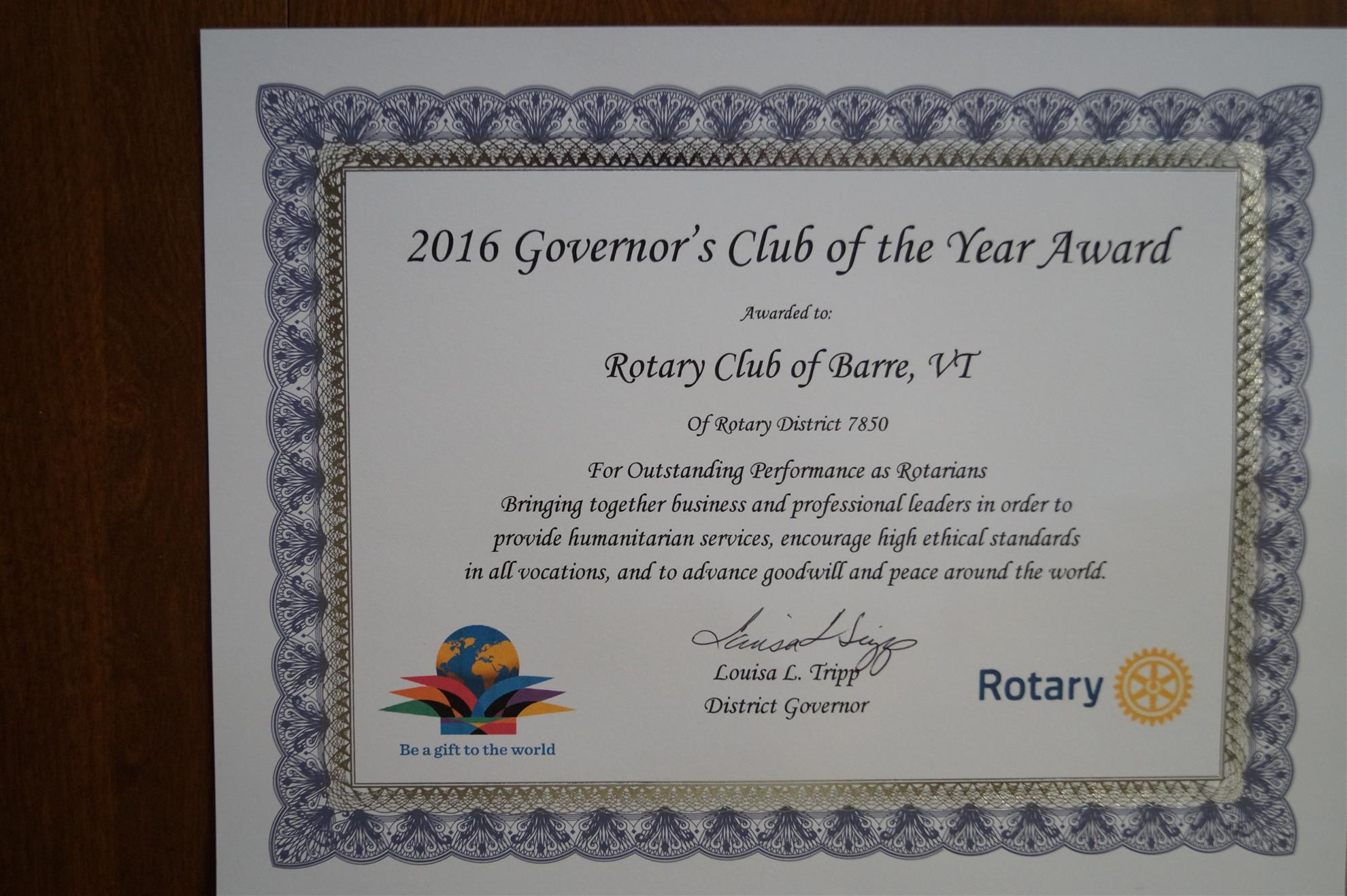 BARRE CLUB WINS "CLUB OF THE YEAR AWARD" | The Rotary Club of Barre VT