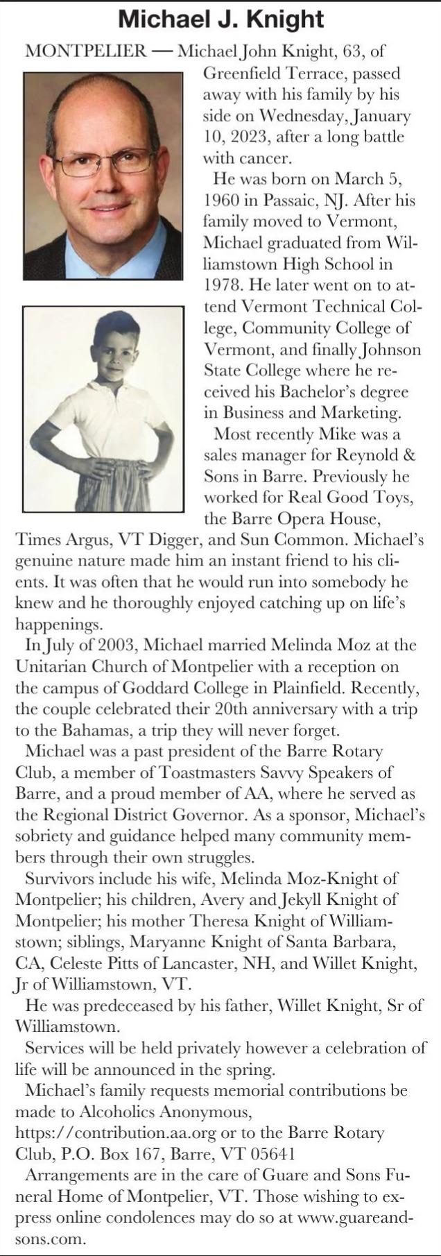 Past President Michael J Knight Dies | The Rotary Club of Barre VT