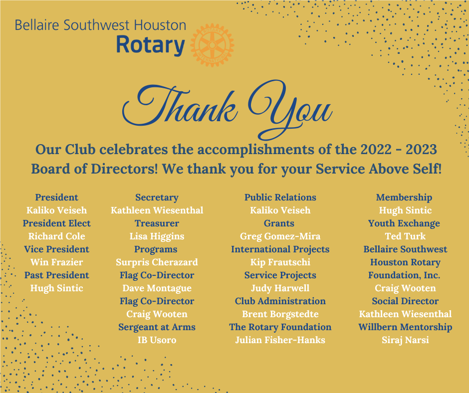 Thank You 2022 - 2023 Board! | Bellaire / Southwest Houston Rotary Club