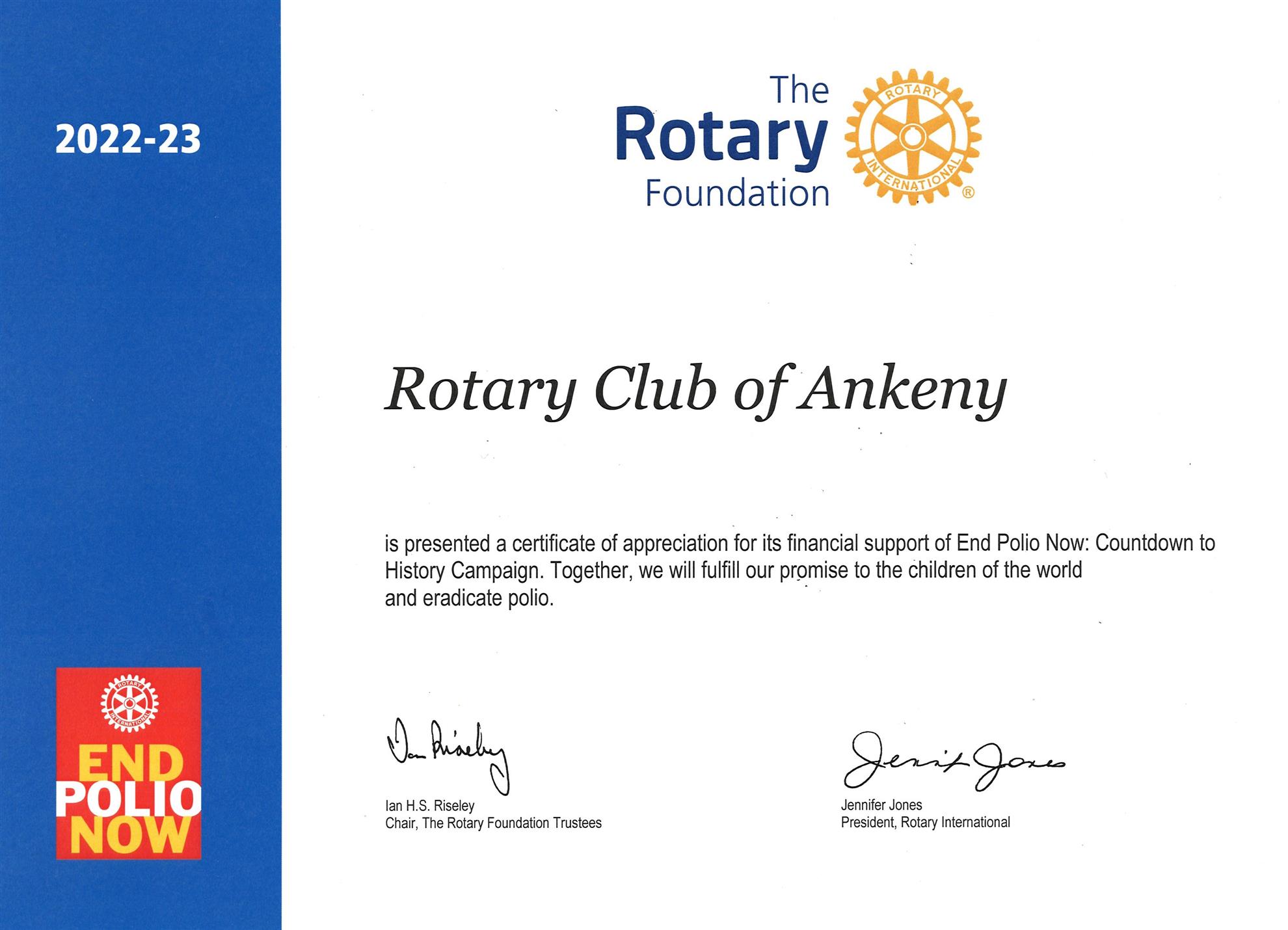 Ankeny Receives Certificate of Appreciation | Rotary Club of Ankeny