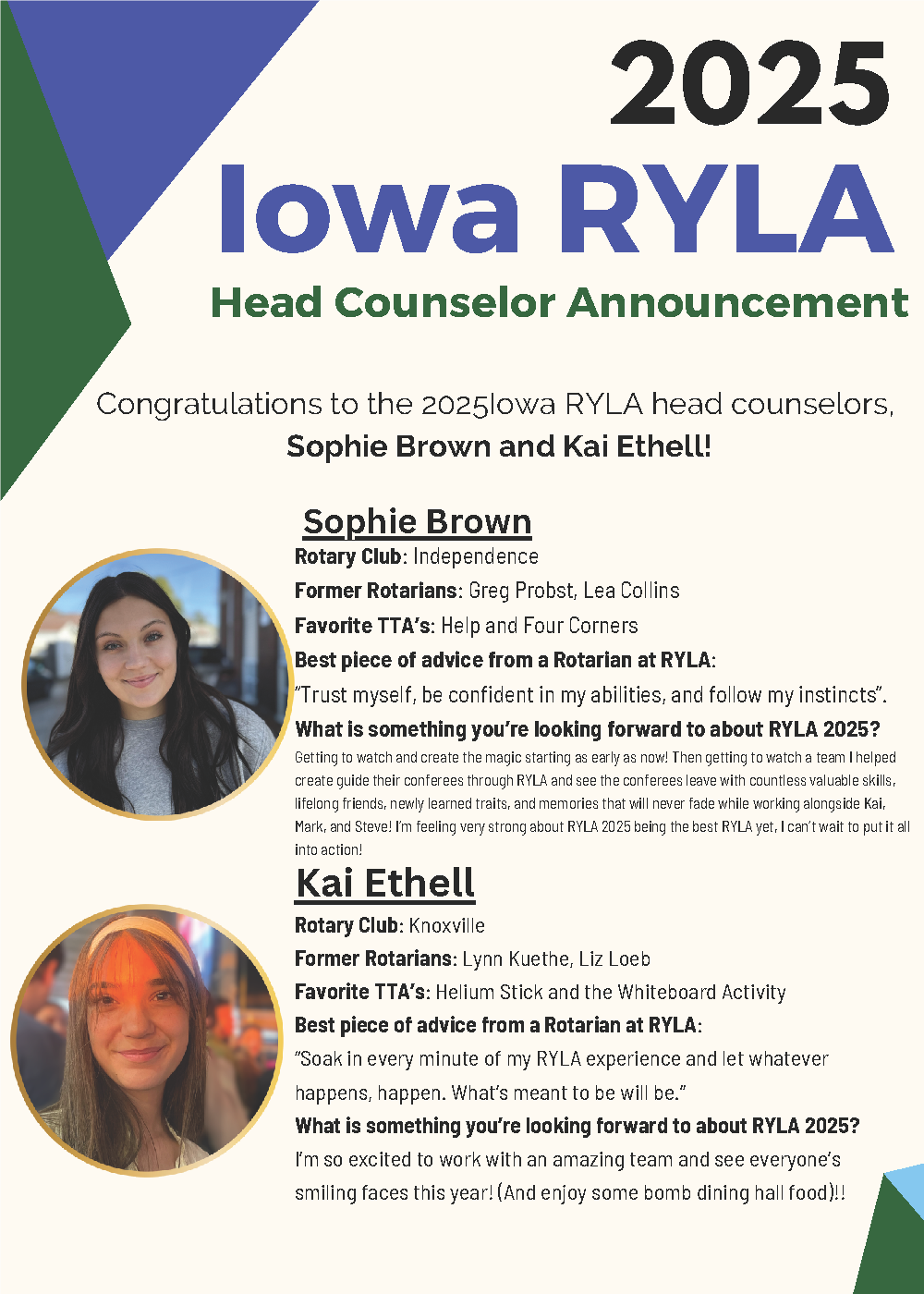 Iowa RYLA 2025 Leadership Announced | Rotary Club of Knoxville