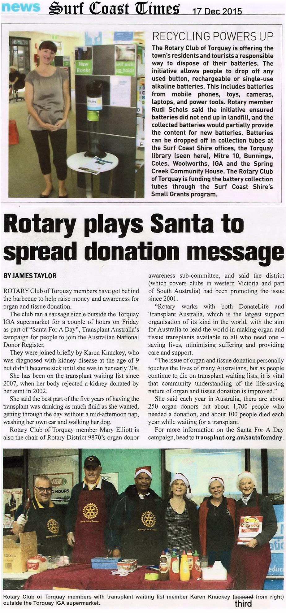 Local Newspaper - 2 Rotary stories 17 Dec 2015 | Rotary Club of Torquay