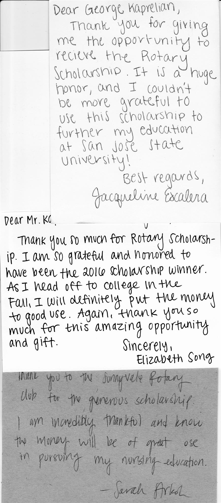 Scholars Notes of Thanks | Rotary Club of Sunnyvale