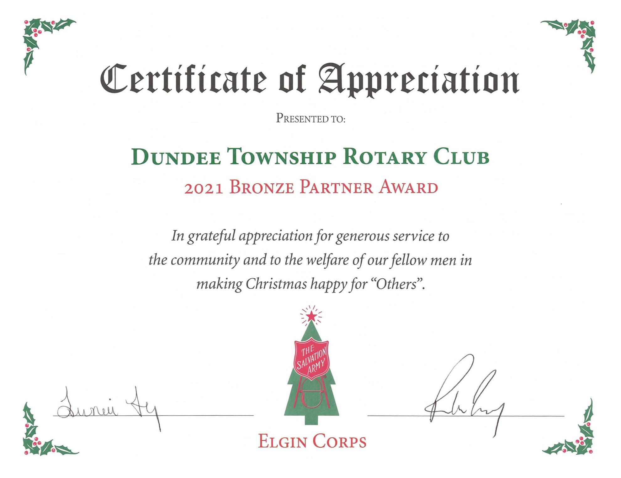 Salvation Army Certificate Of Appreciation Dundee Township Rotary Club