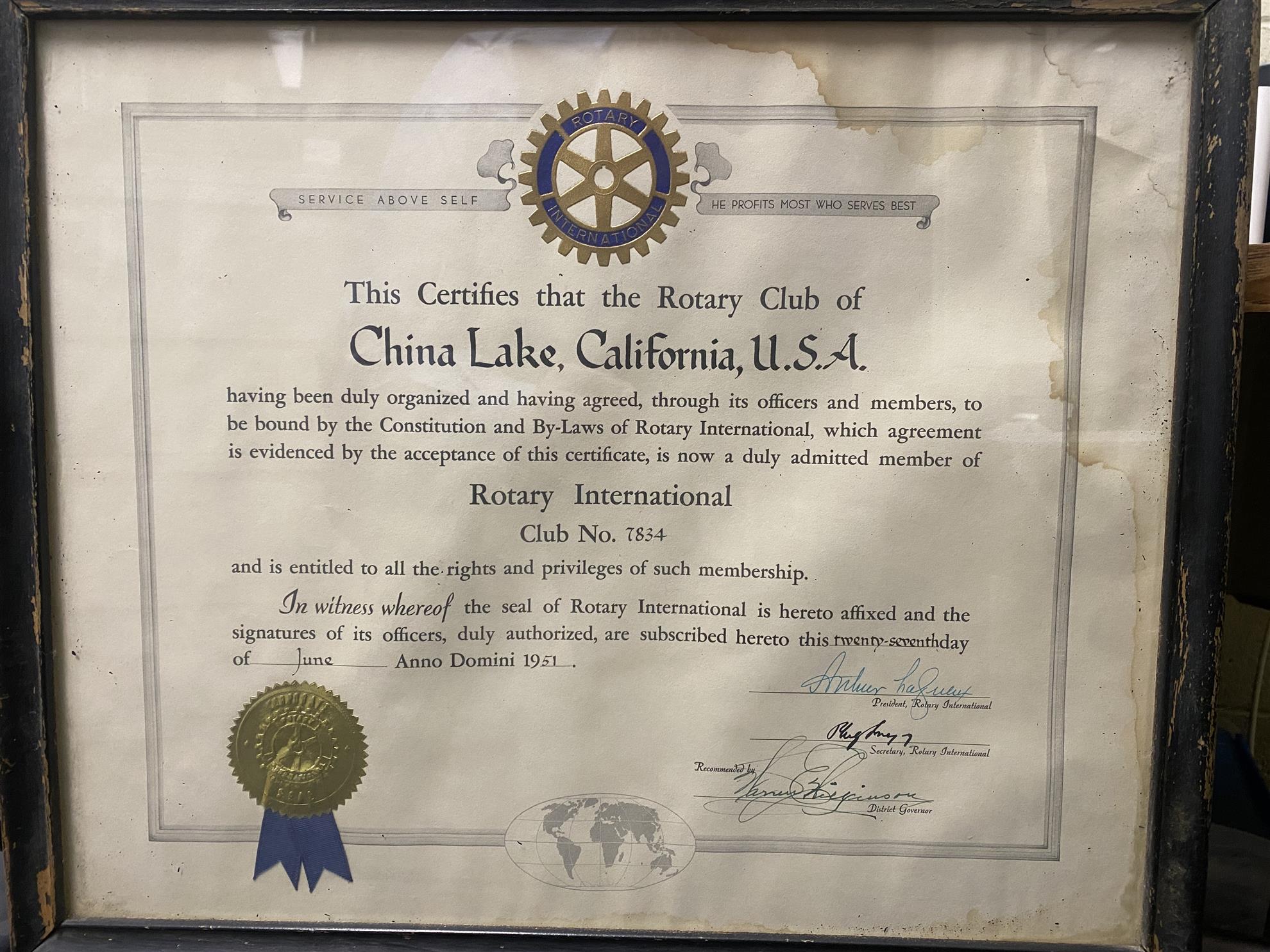 Club Charter Found at the Historic USO Building | Rotary Club of China Lake