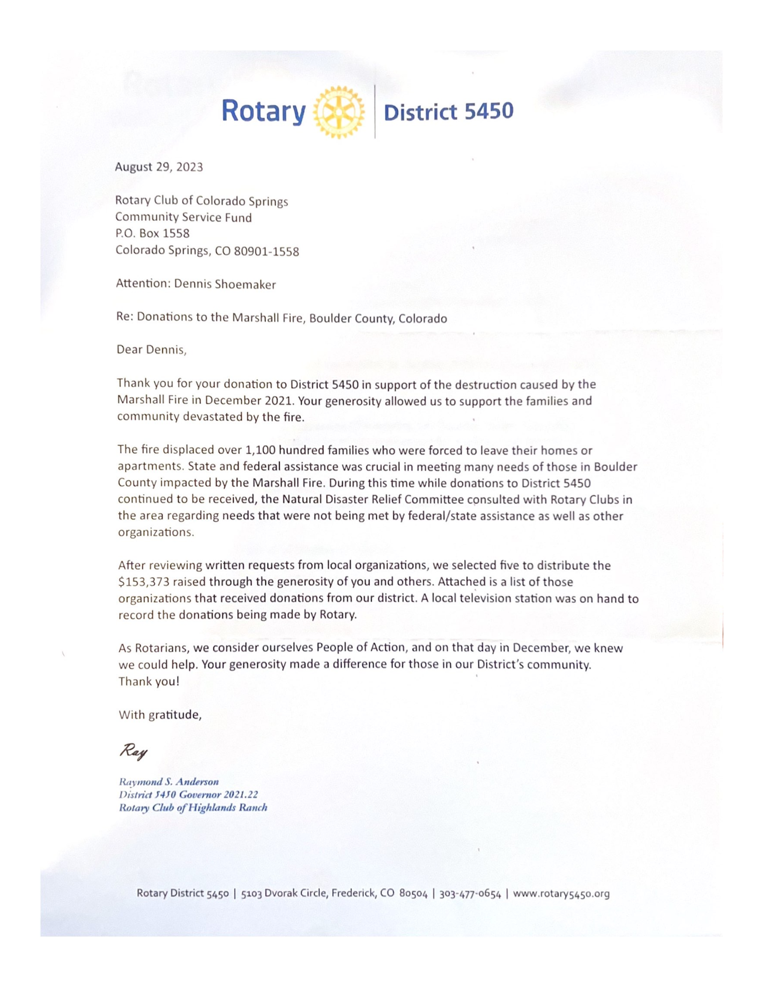 Thank You Letter: Marshall Fire Donation | Rotary Club of Colorado Springs