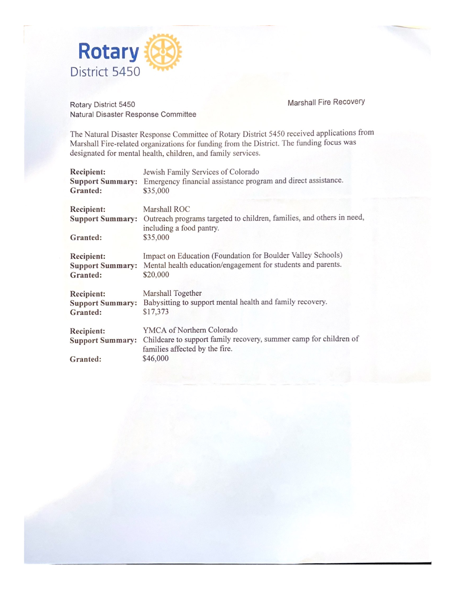Thank You Letter: Marshall Fire Donation | Rotary Club of Colorado Springs