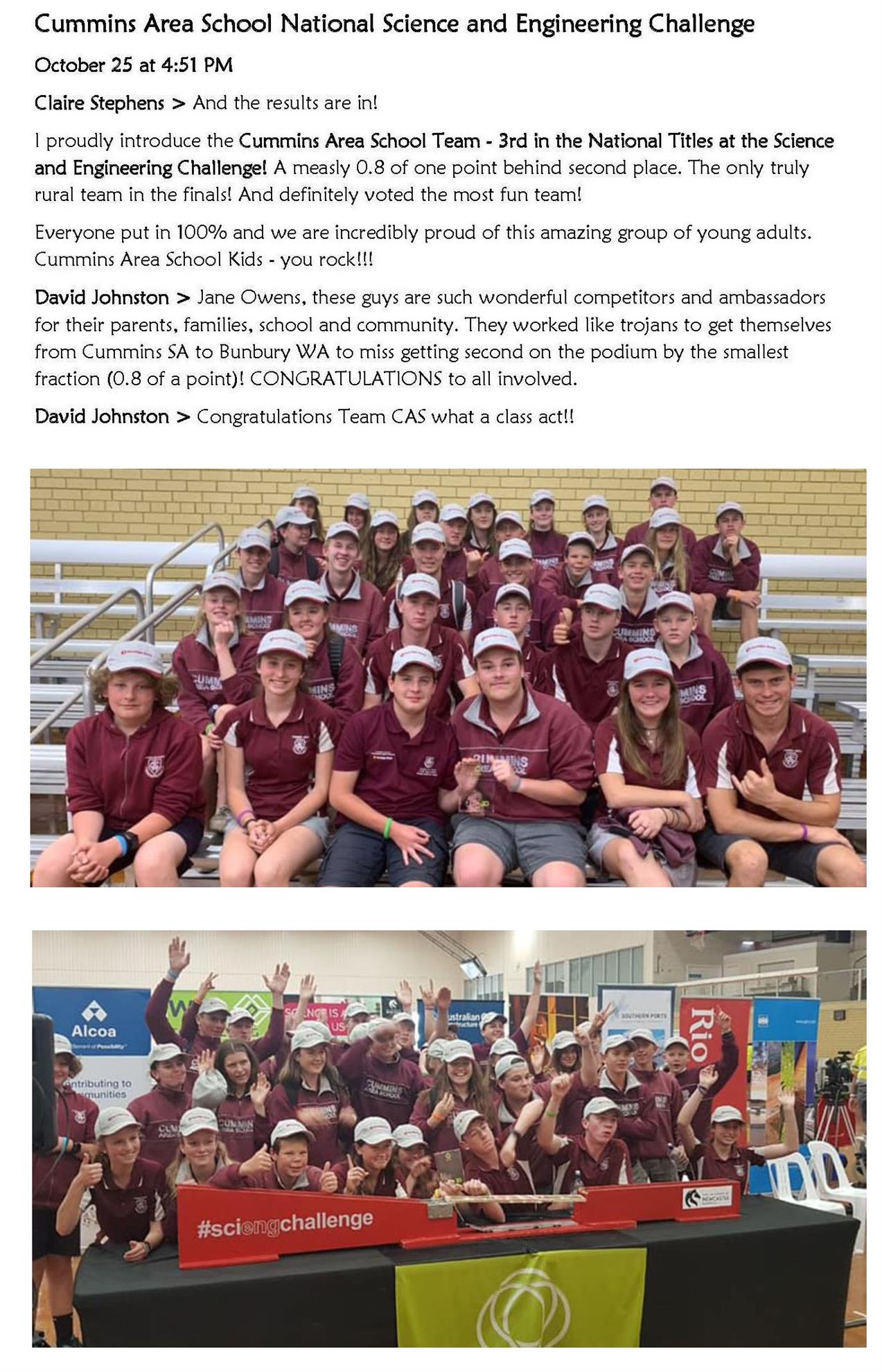 Cummins Area School 3rd in National S&E Challenge | Rotary Club of Port ...