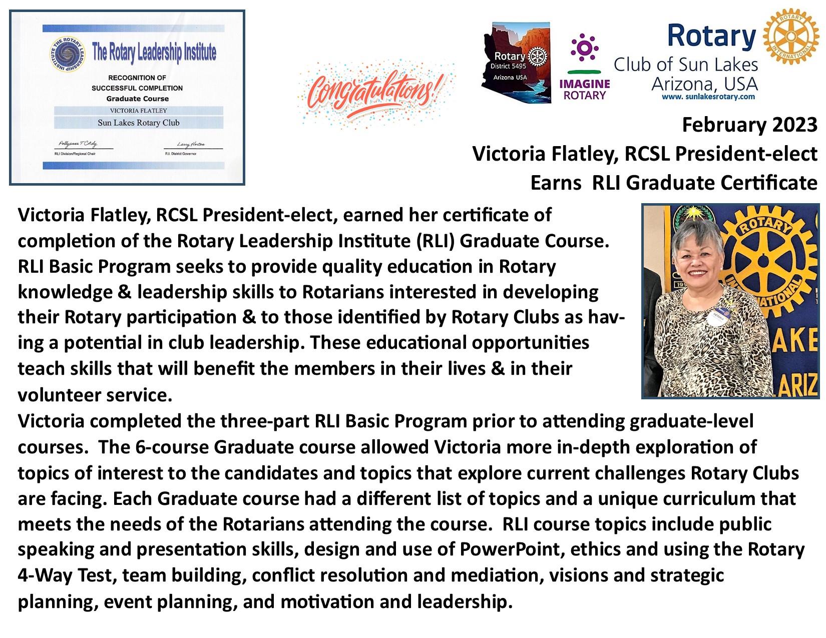 RLI Graduate Certificate Earner | Rotary Club of Sun Lakes