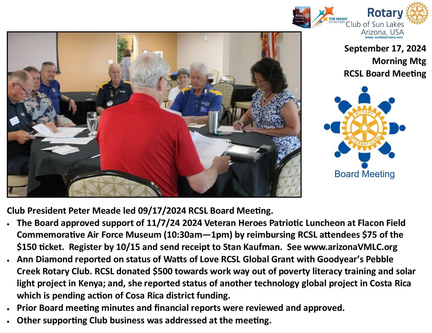 RCSL Board Mtg Update | Rotary Club of Sun Lakes