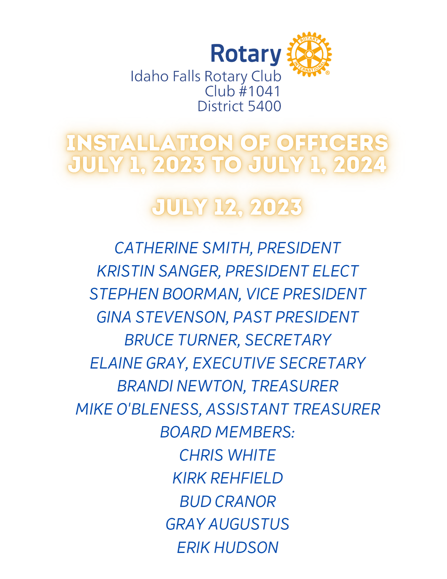 "New Year/New Leadership" Installation of Officers 2023/2024 | Rotary ...
