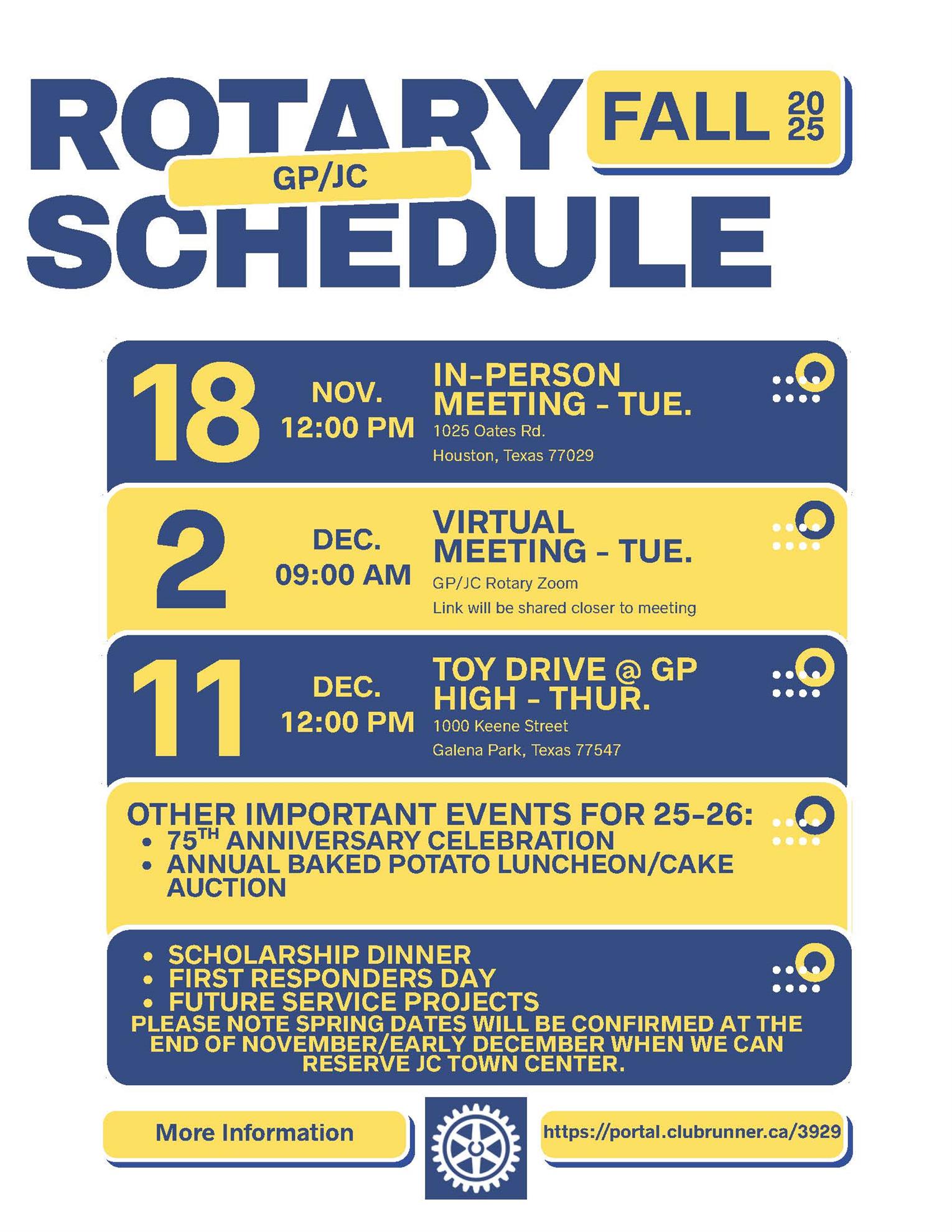GP/JC Rotary Schedule Fall 2025 | Rotary Club of Galena Park/Jacinto City