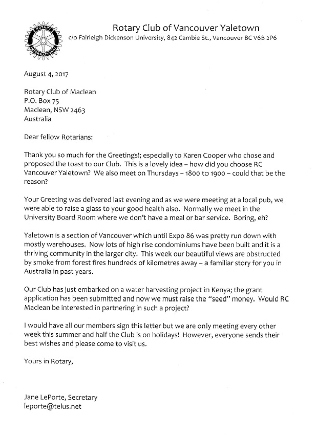 Greetings from Australia | Rotary Club of Vancouver Yaletown