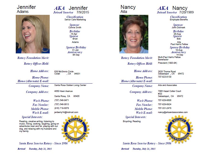 Updated Version of Club Directory | Rotary Club of Santa Rosa Sunrise