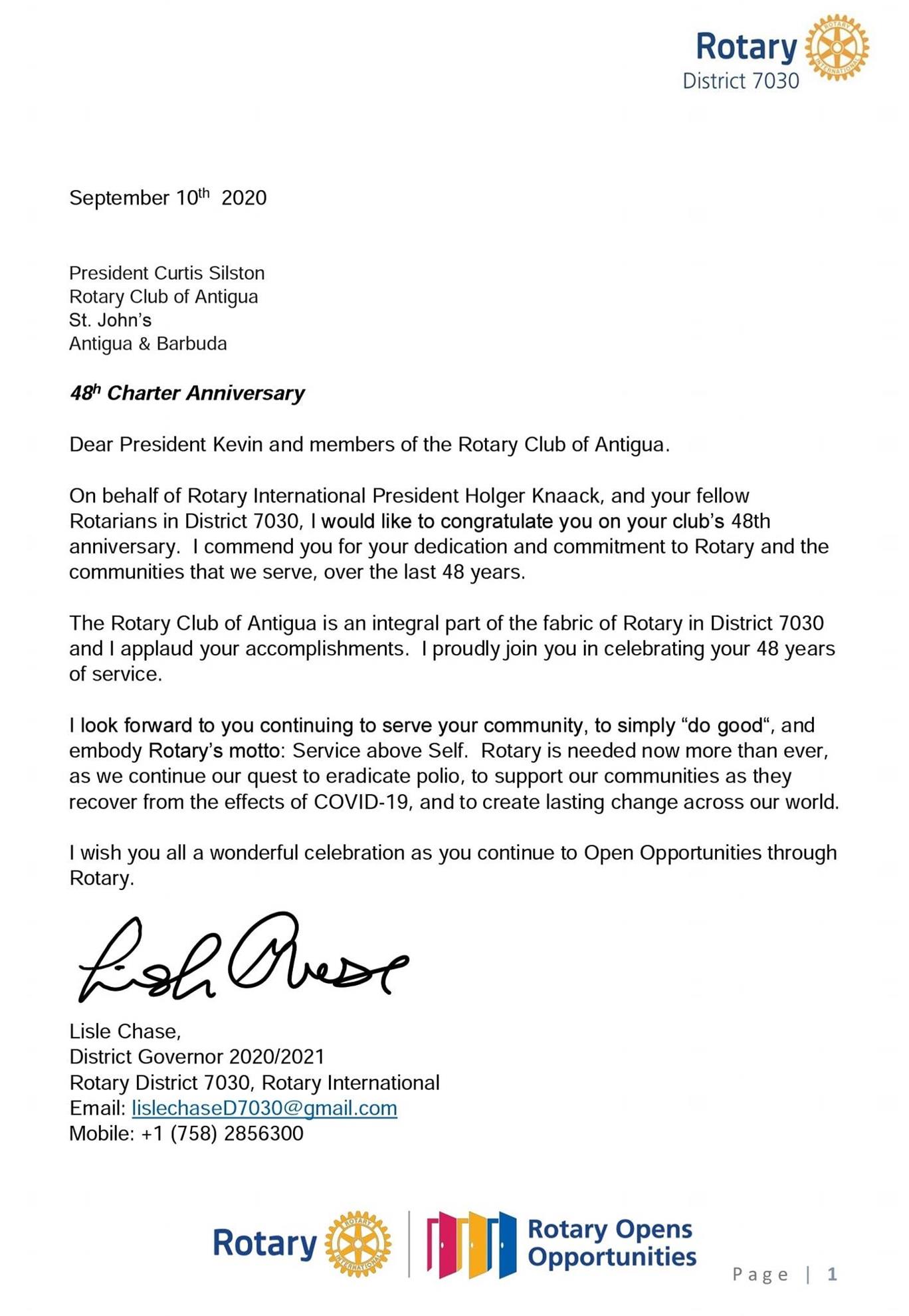 DG Lisle Congratulatory Message | Rotary Club of Antigua