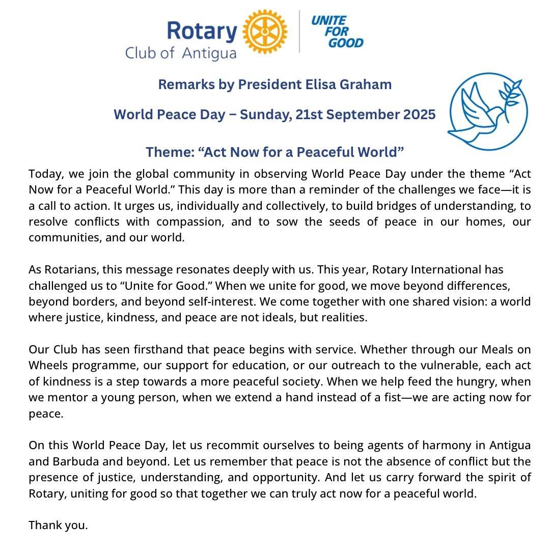 President's World Peace Day Message | Rotary Club of Antigua