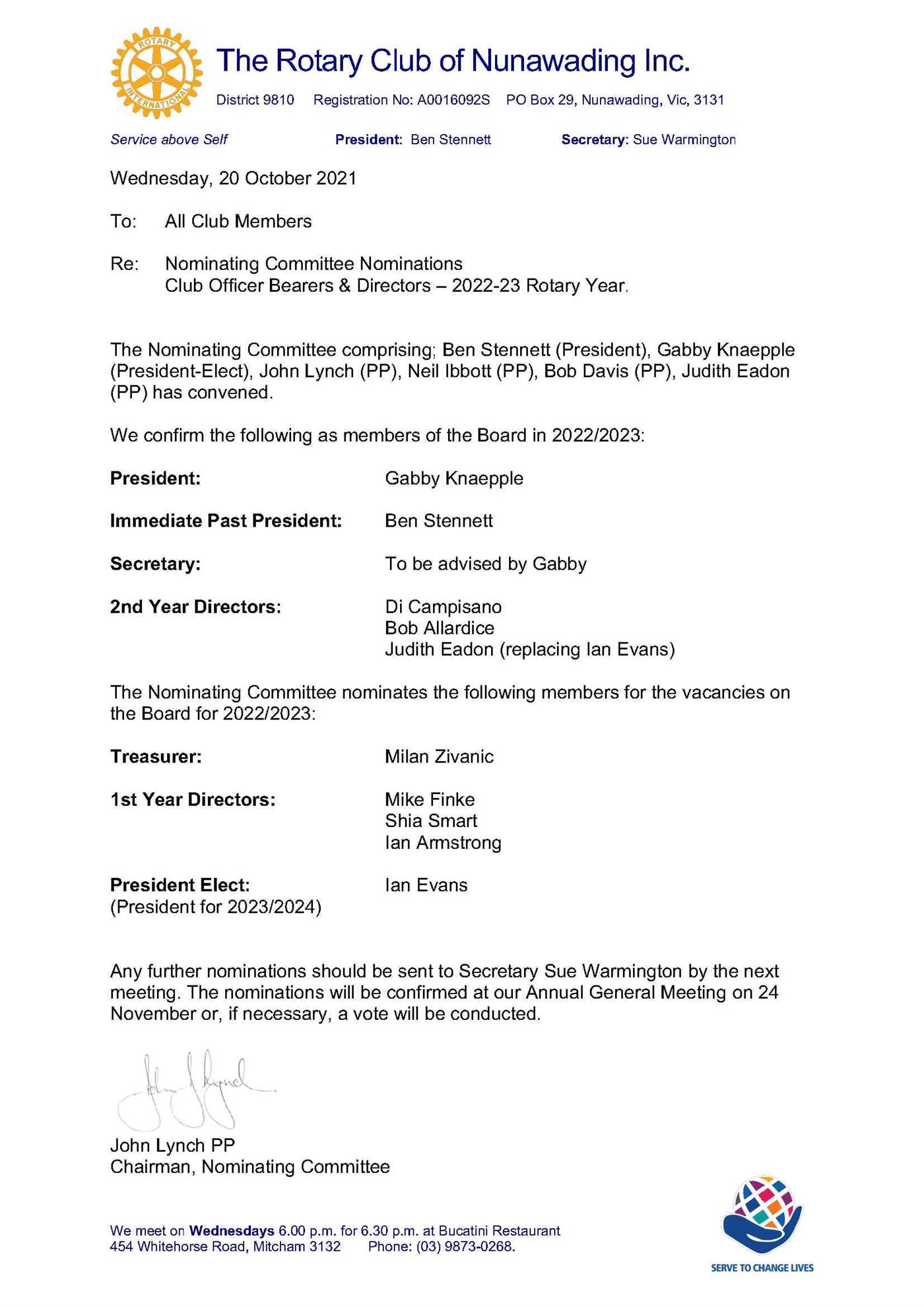 NOMINATING COMMITTEE | Rotary Club of Nunawading Inc.