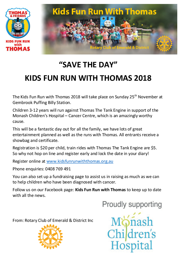 Kids Fun Run With Thomas | Rotary Club of Nunawading Inc.
