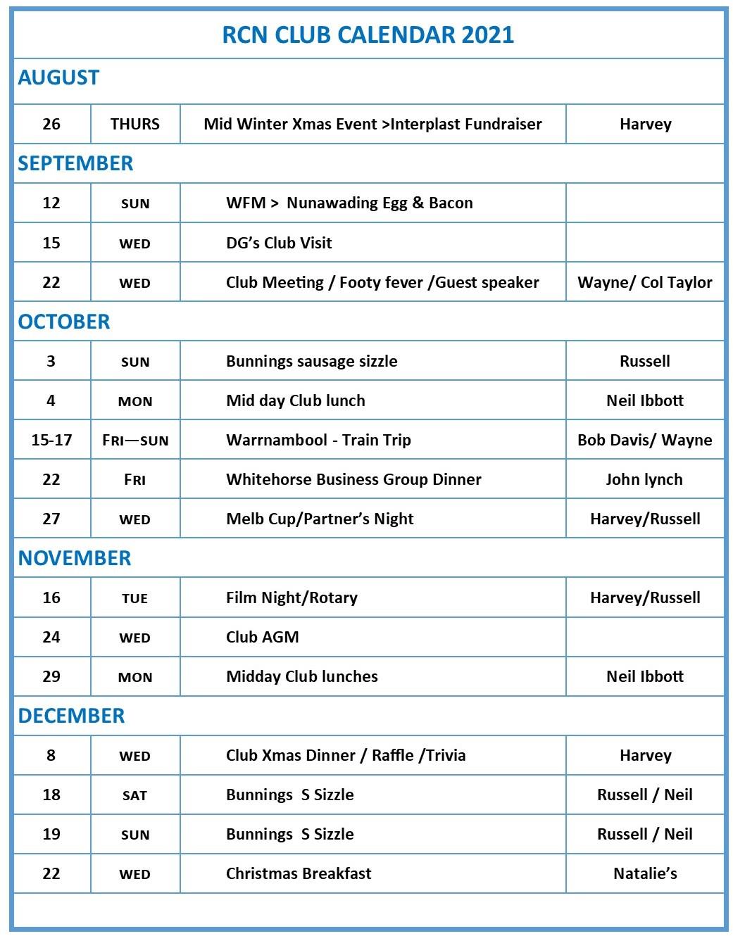 Club Calendar | Rotary Club of Nunawading Inc.
