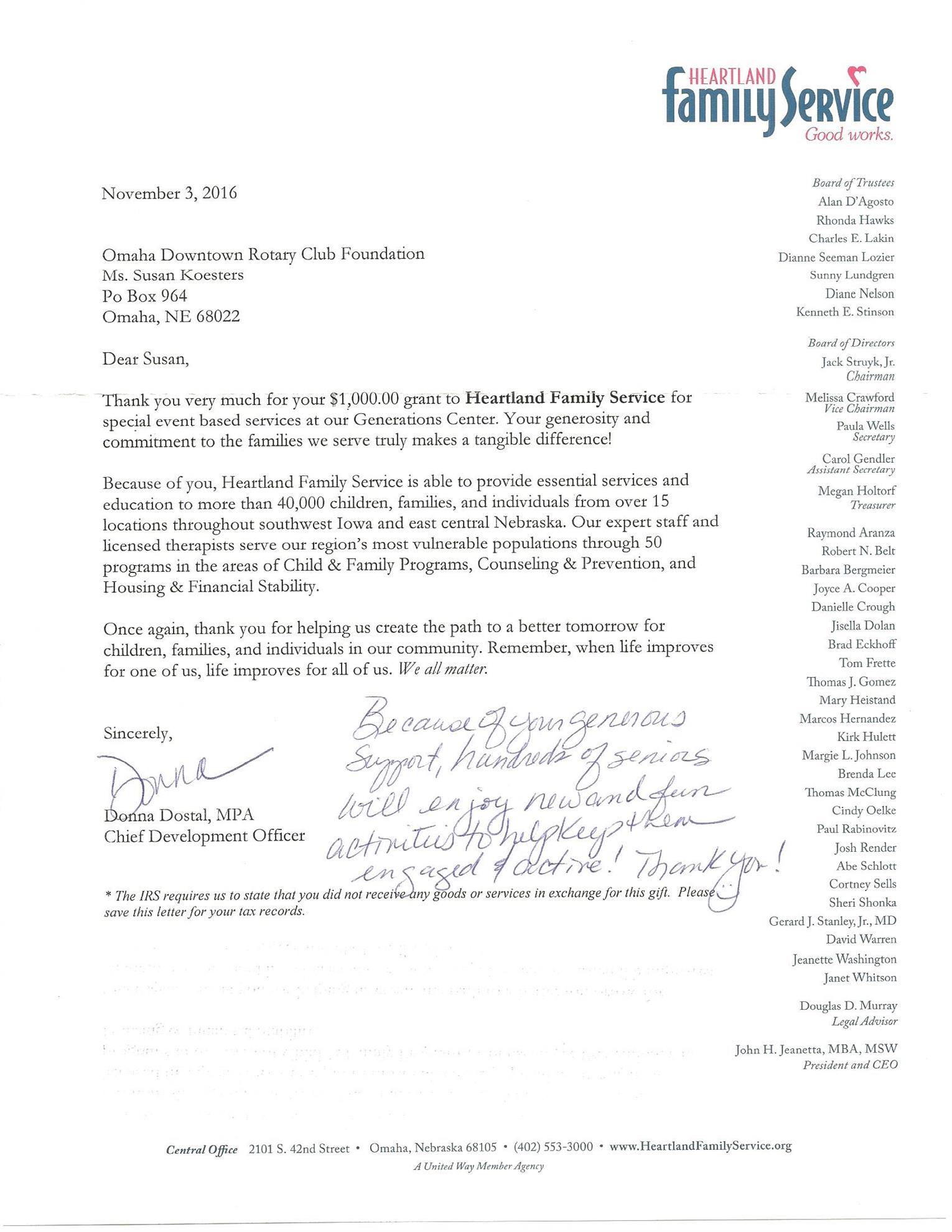 Heartland Family Service Letter | Rotary Club of Omaha (Downtown)