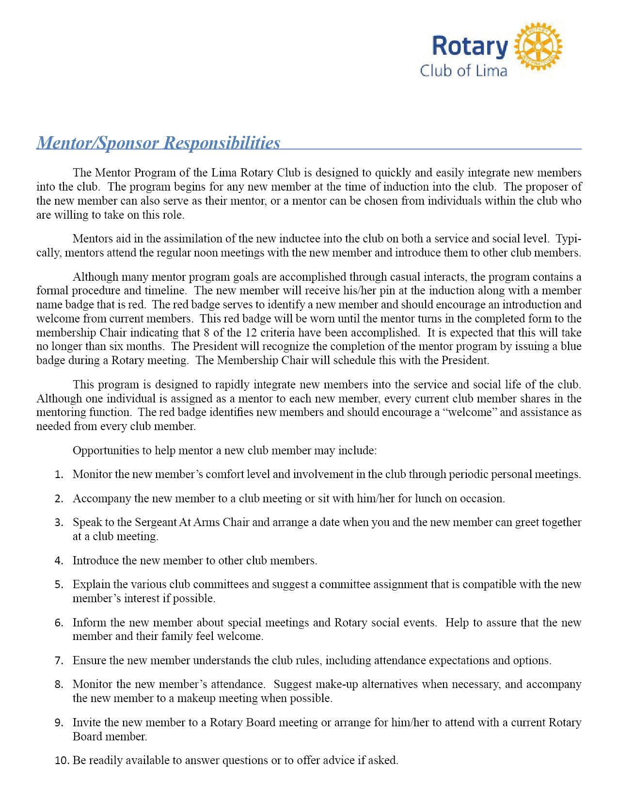 Mentor Program Available for New Members | Rotary Club of Lima