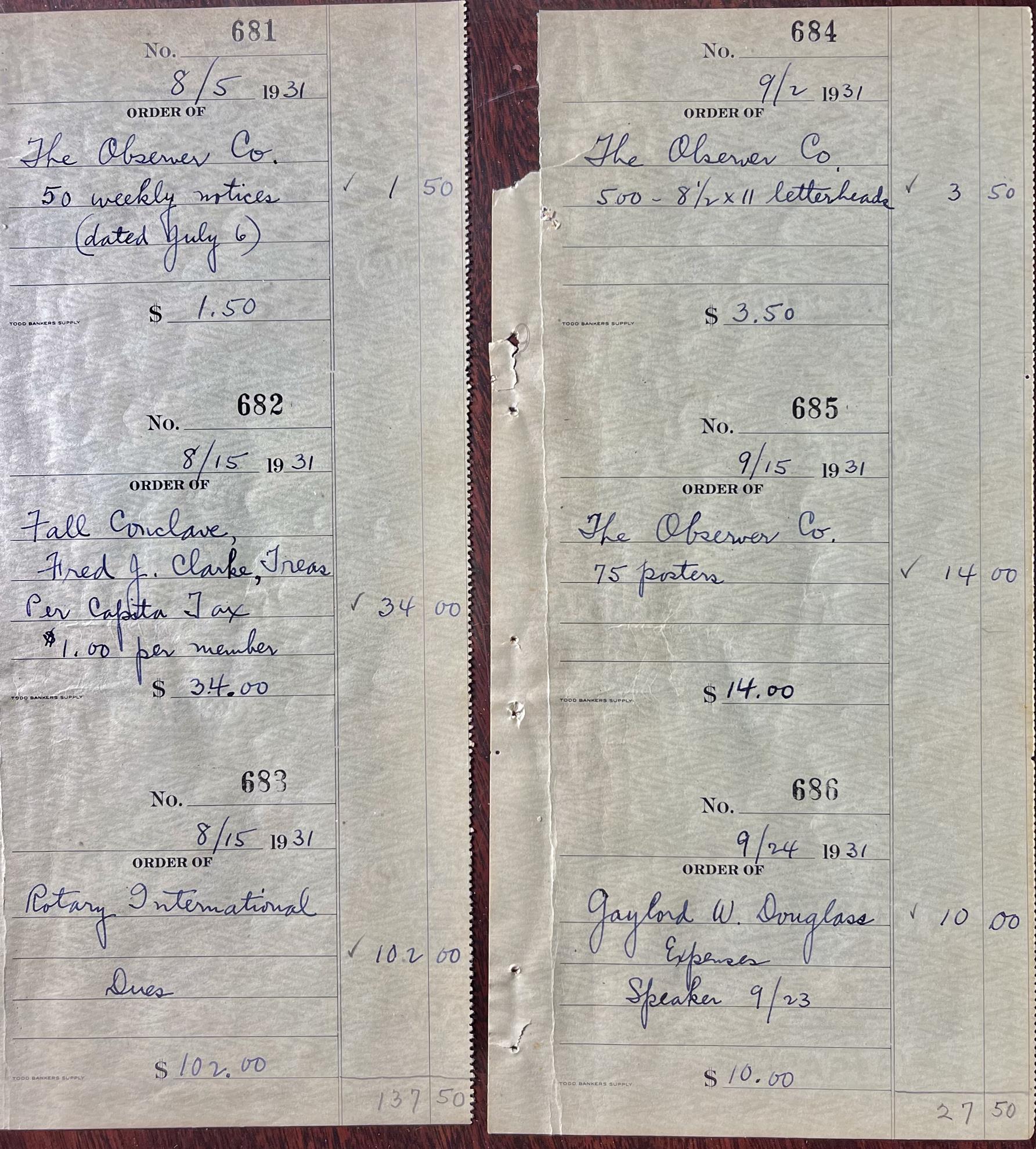 Historical Checkbook Ledger 1931-1939 | Rotary Club of Putnam