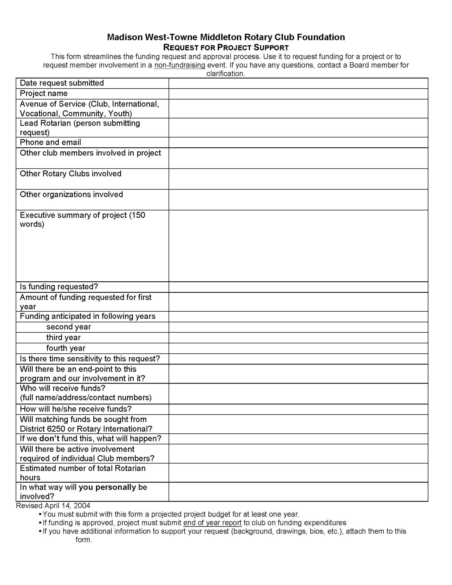 Request for Project Support (Grant from the Club) | Rotary Club of ...