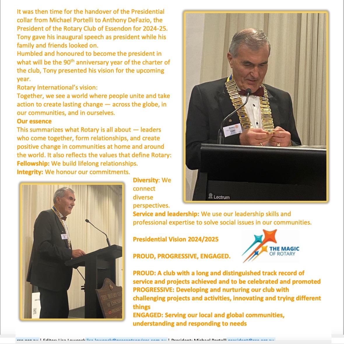 Incoming President 2005 Speech | Rotary Club of Essendon