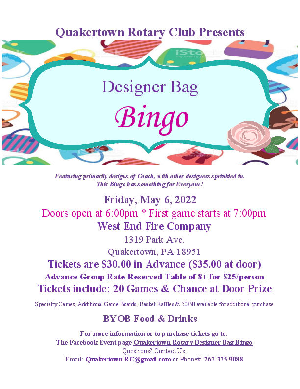 May 6th Purse Bingo Fundraiser Rotary Club Of Quakertown May 6th Purse Bingo Fundraiser Rotary Club Of Quakertown