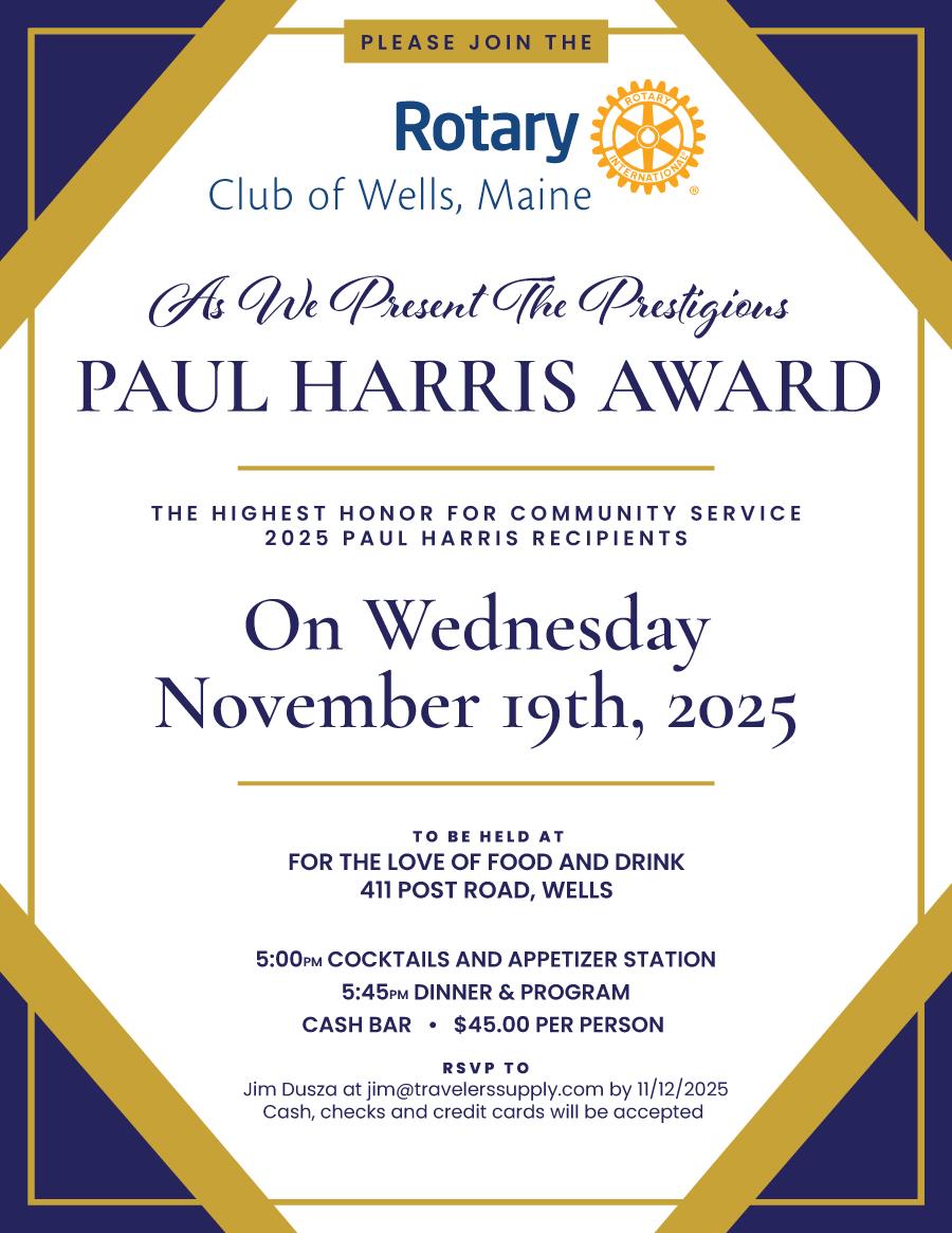 Join Us for the Paul Harris Fellow Recognition Dinner | Rotary Club of Wells-Maine