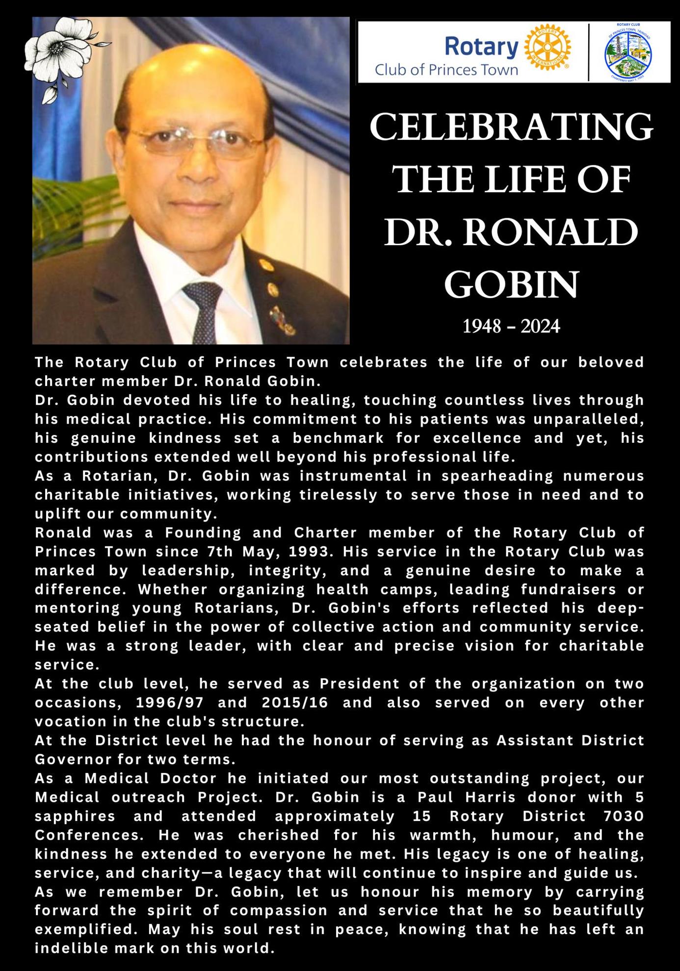 Celebrating the life of Dr. Ronald Gobin | Rotary Club of Princes Town