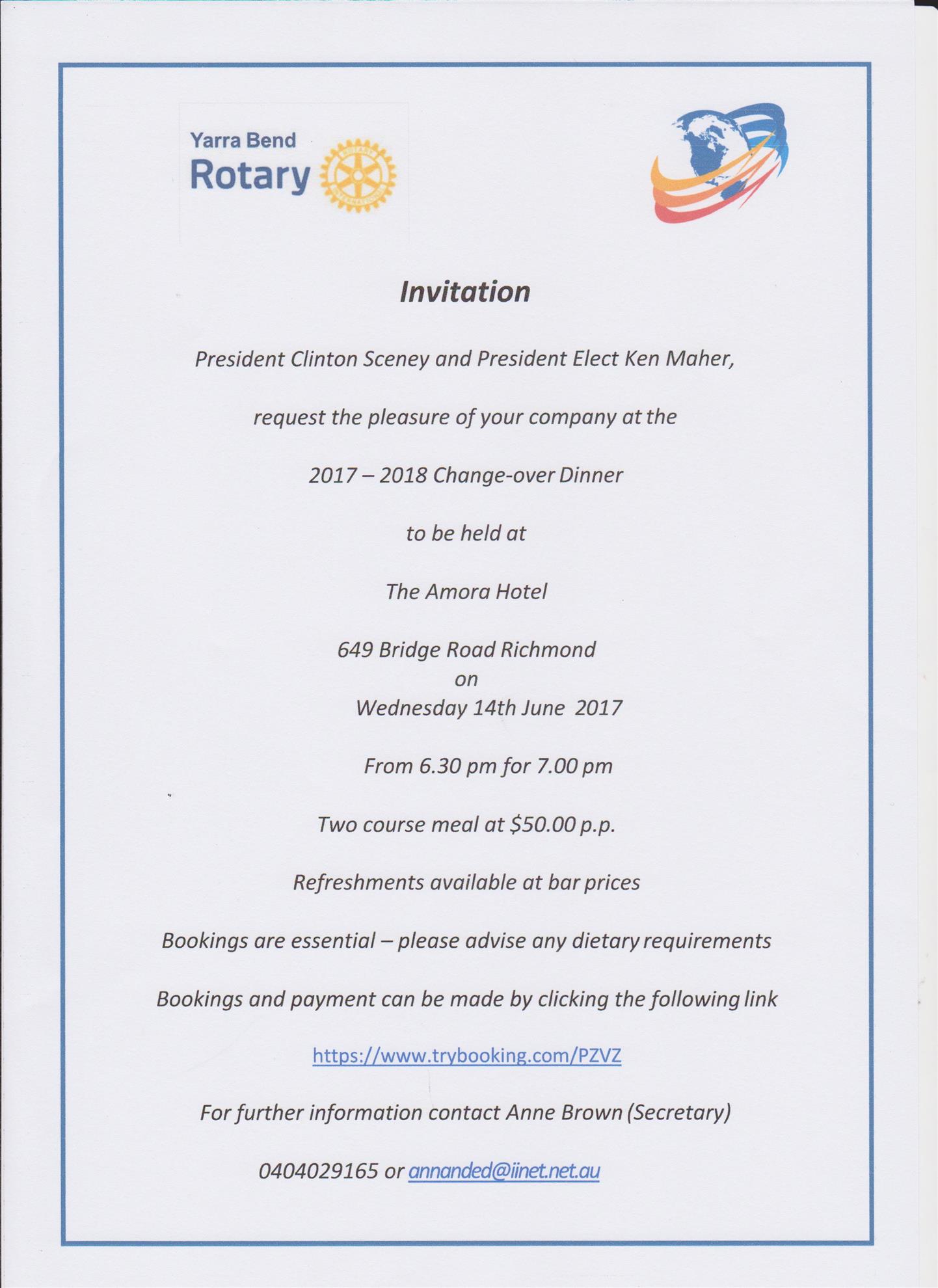Yarra Bend Rotary Changeover Invitation | Rotary Club of Hawthorn