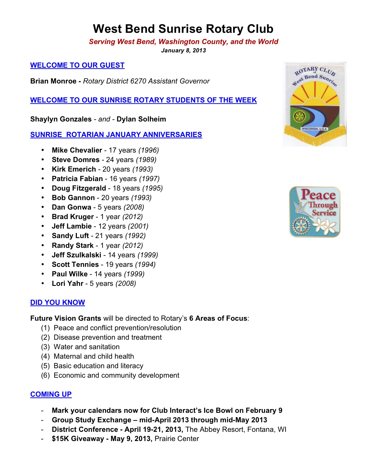 See Downloads to see weekly meeting handouts | Rotary Club of West Bend ...