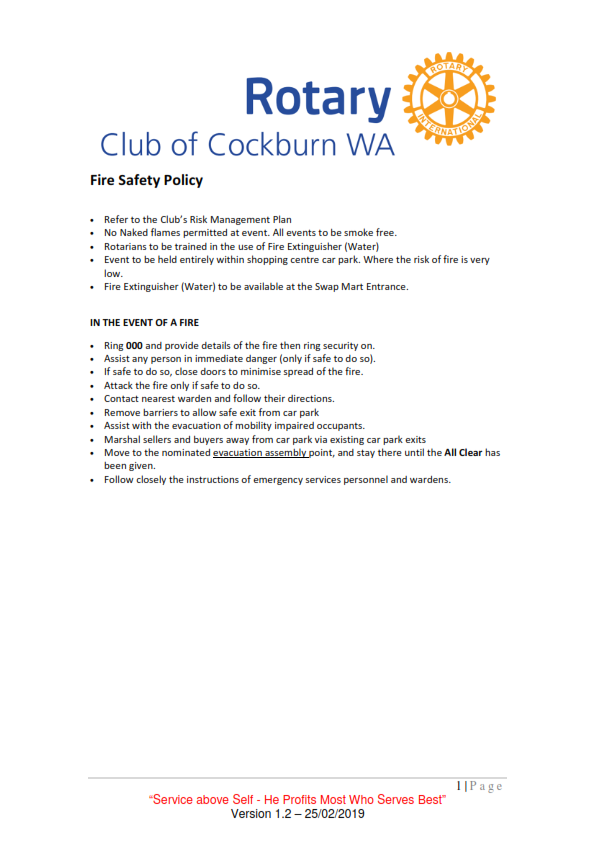 Fire Safety Policy Rotary Club Of Cockburn