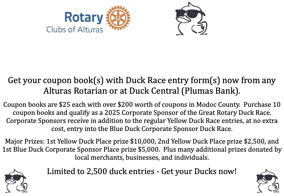 2025 Great Rotary Duck Race | Rotary Club of Alturas Sunrise