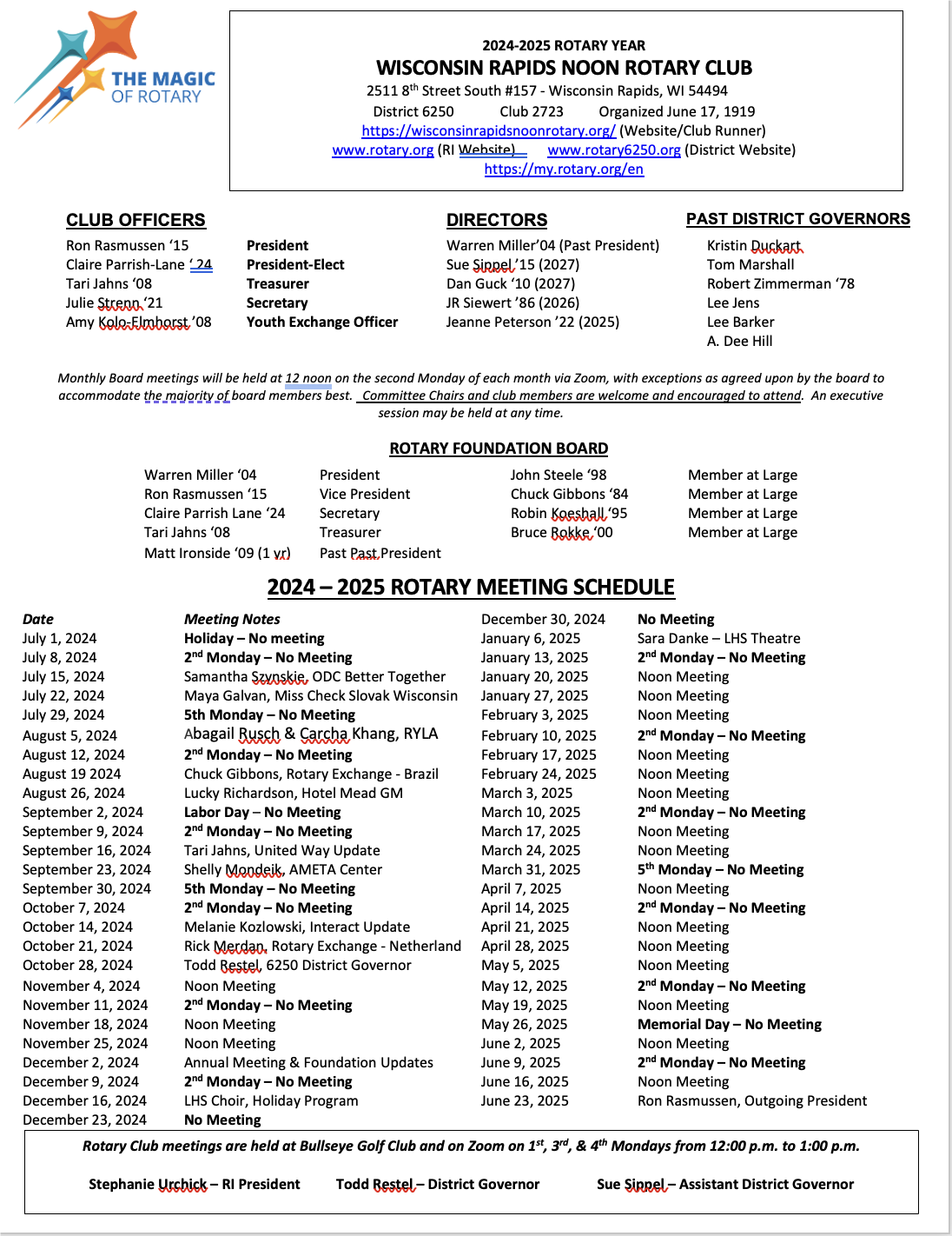 Yearly Calendar | Rotary Club of Wisconsin Rapids