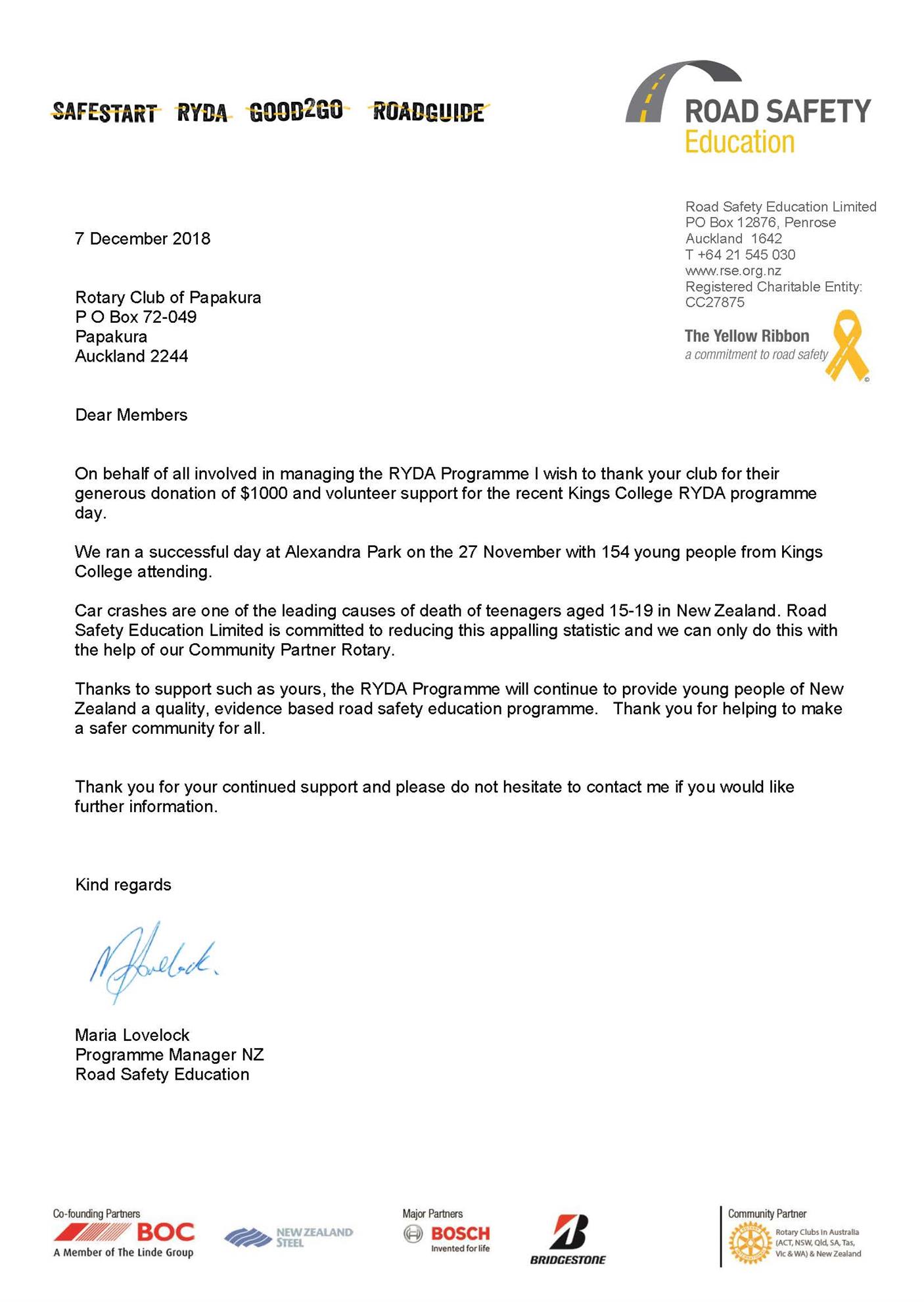 Thank you from Road Safety Education | The Rotary Club of Papakura (Inc)