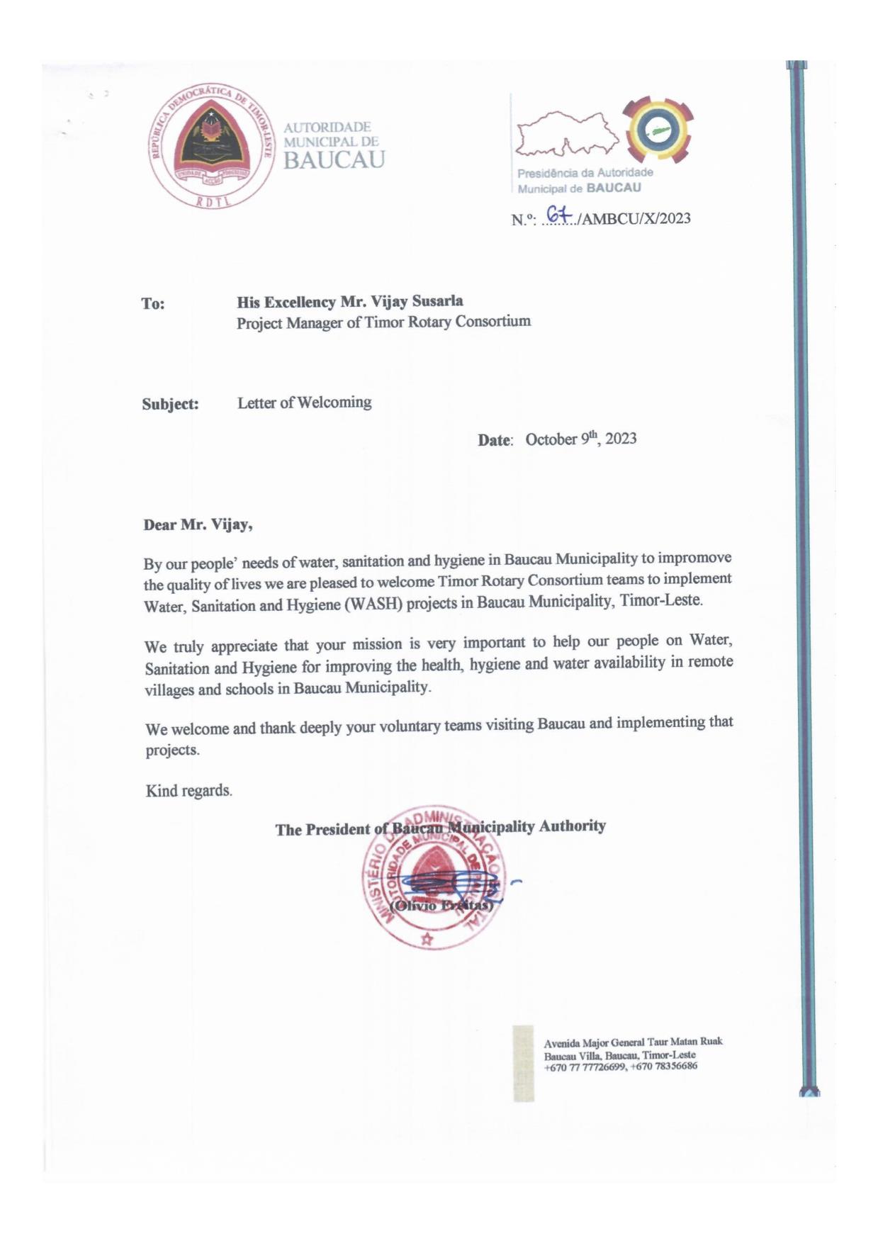 Welcoming Letter from the Municipal President of Baucau in Timor Leste ...