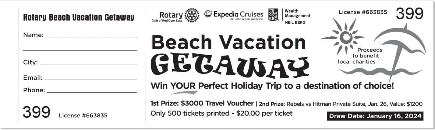 $20 Beach Vacation Getaway Raffle, Buy before Jan 15 | Rotary 5360