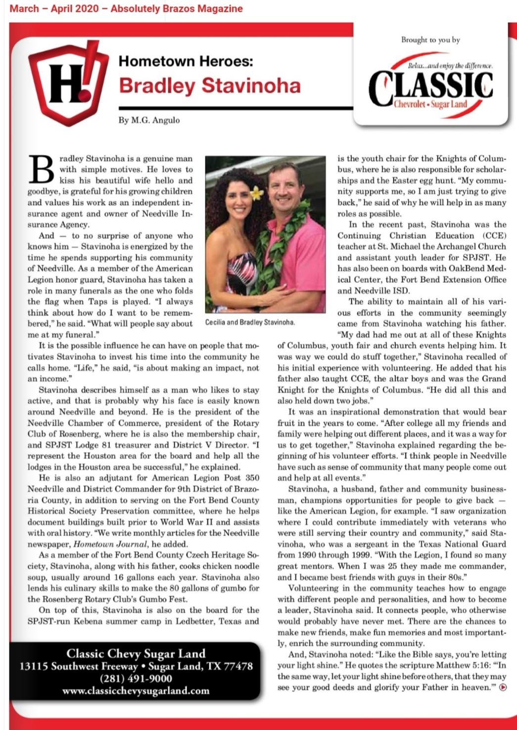 BRADLEY STAVINOHA WITH THE ROTARY CLUB OF ROSENBERG, NAMED "HOMETOWN ...