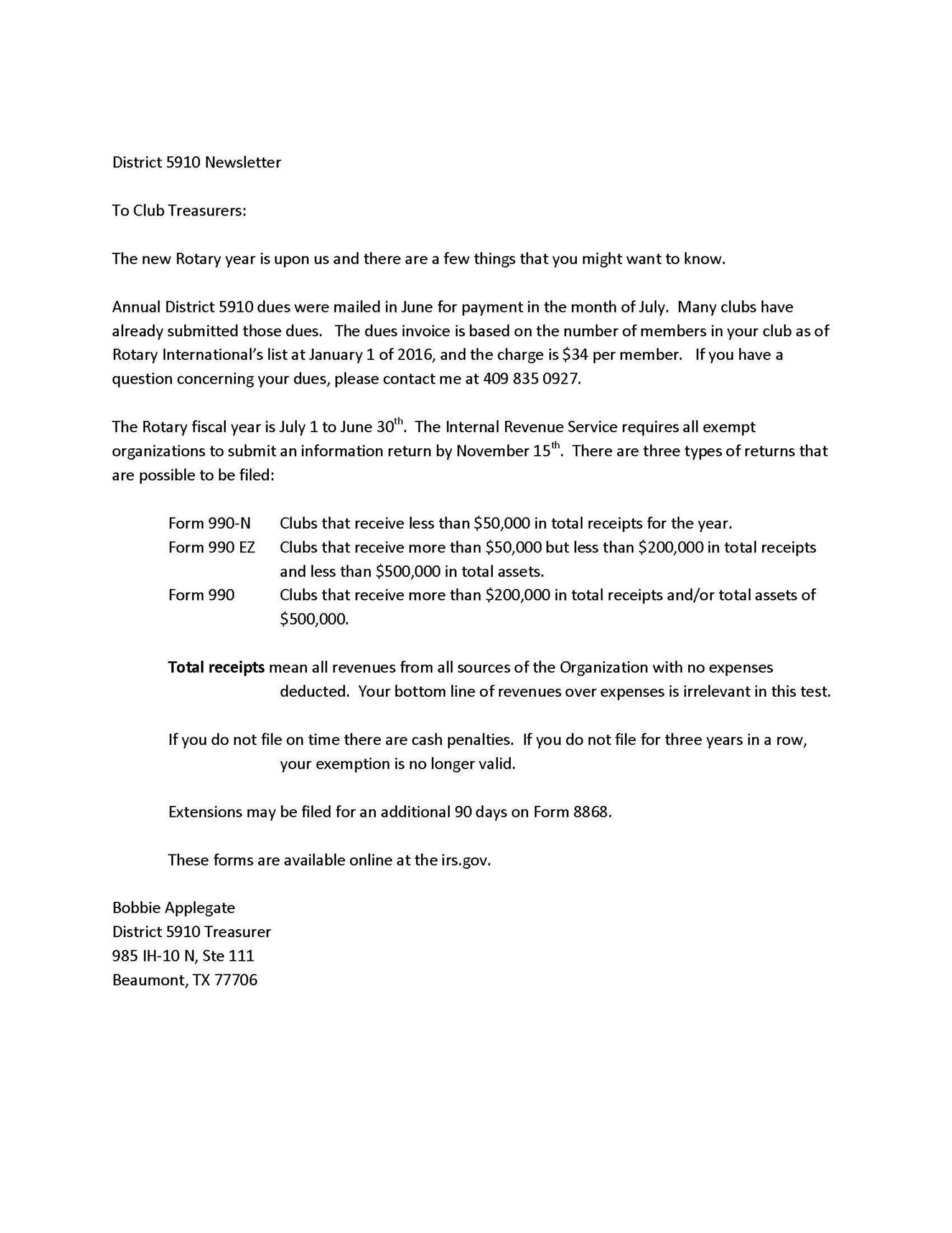 DISTRICT NEWS: Treasurer | Rotary District 5910