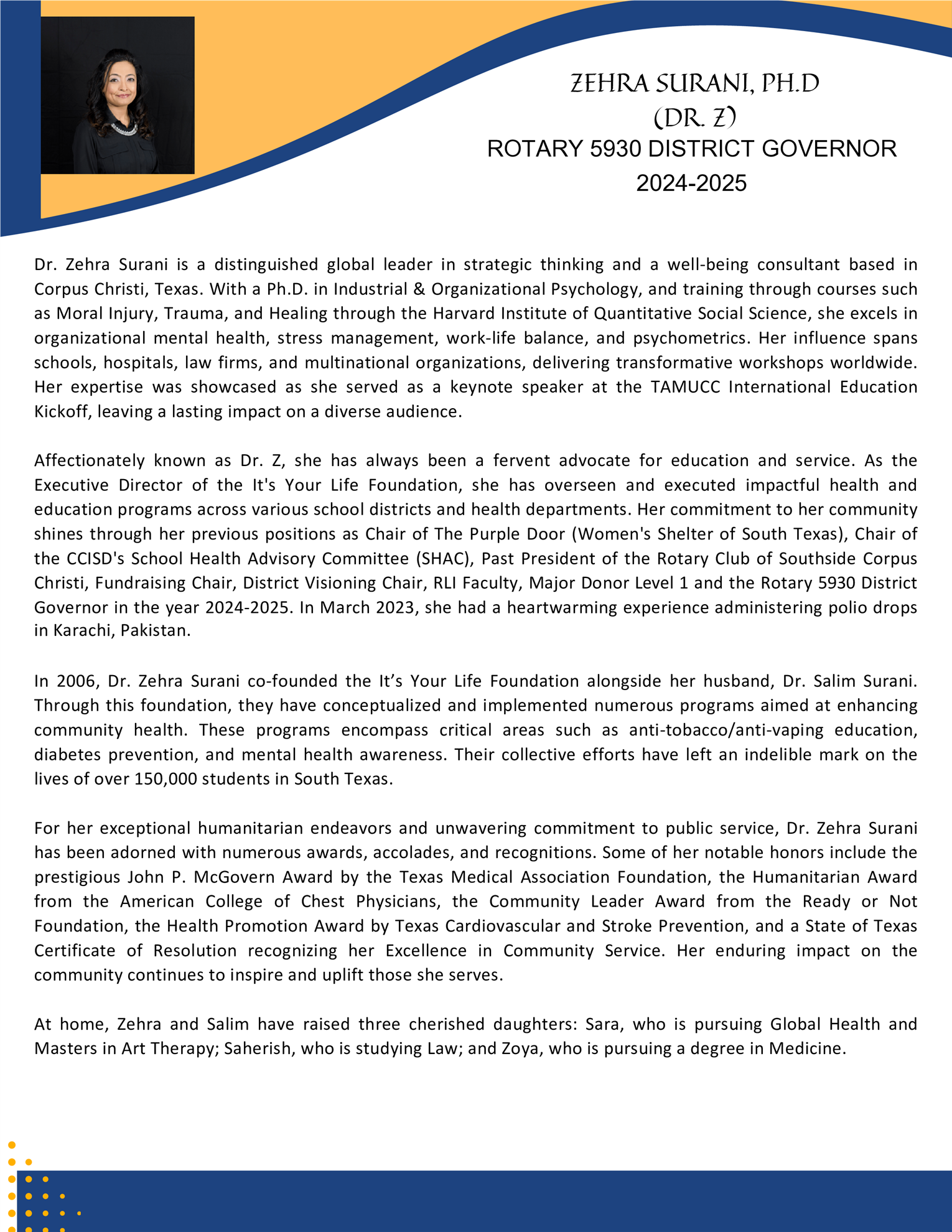 Dr. Zehra Surani' Bio | District 5930