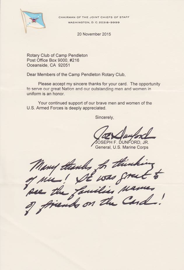 Chairman, Joint Chief of Staff Thanks Camp Pendleton Rotary | District 5340