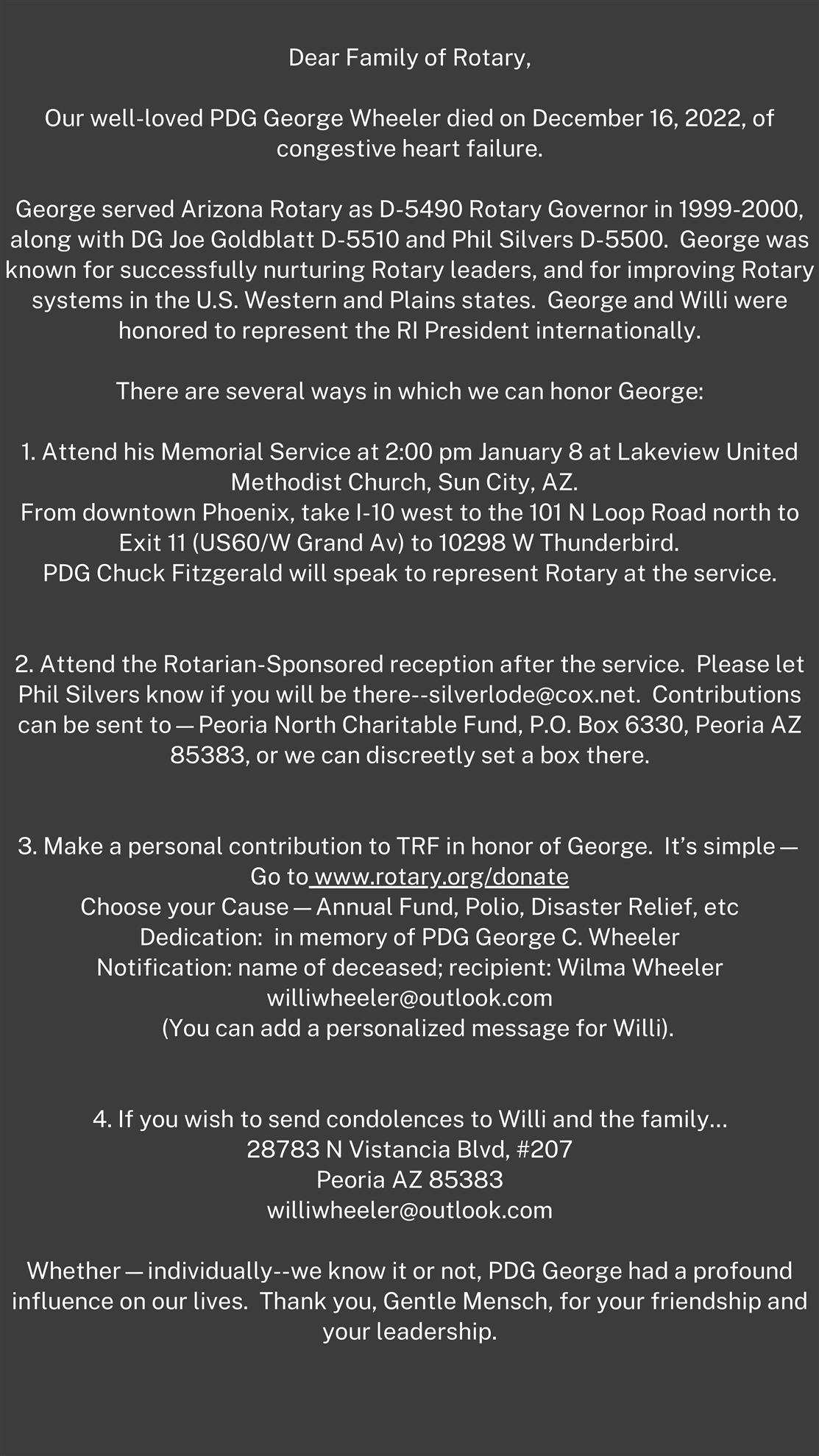 District announces the passing of PDG George Wheeler | District 5495